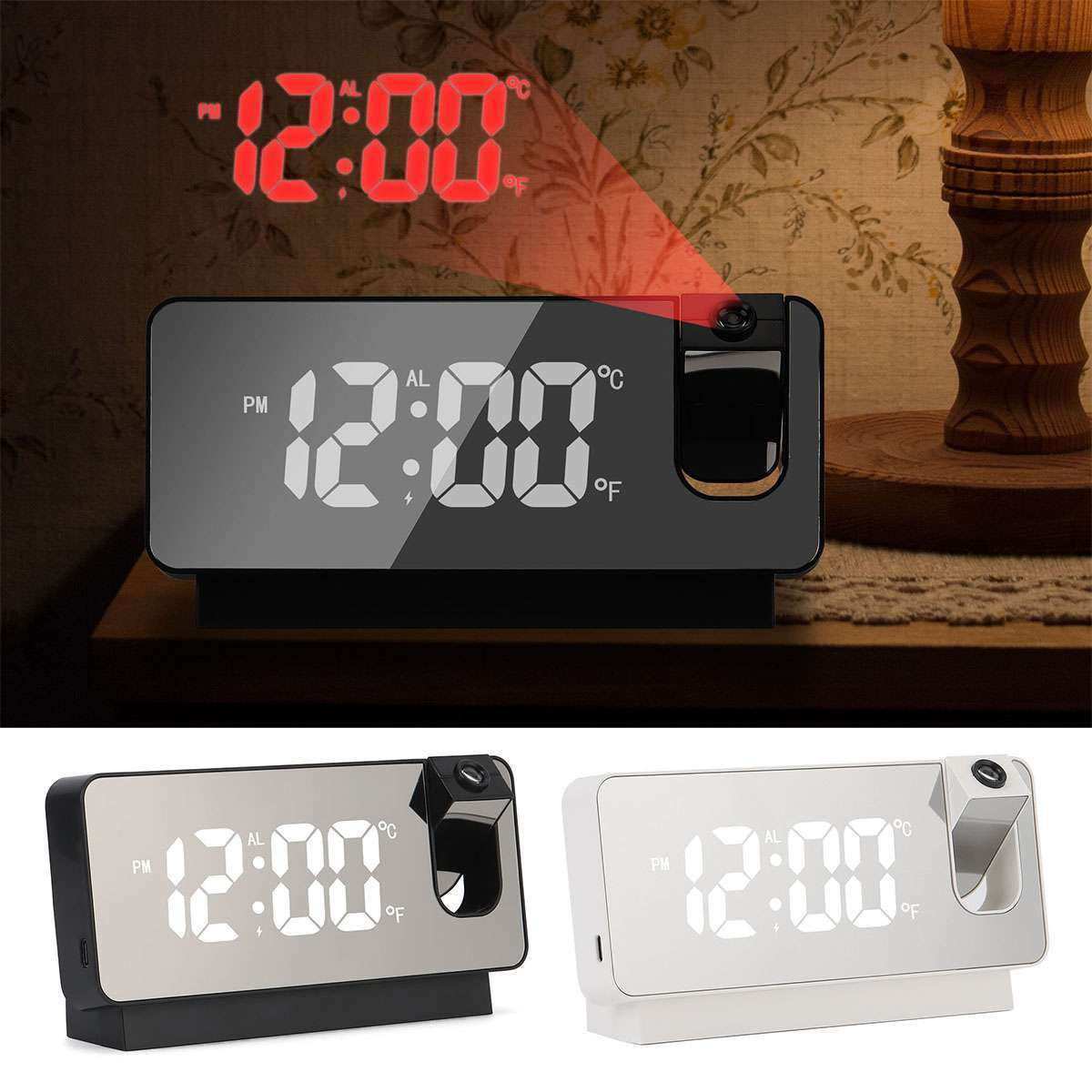 LED Digital Projector Projection Snooze Dual Alarm Clock Timer - White ...